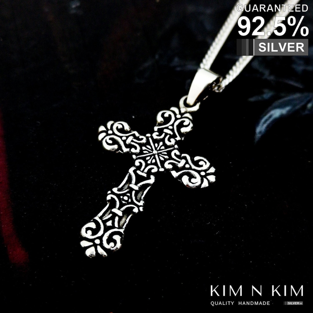 Oxidized Sterling Silver Fleury Cross Pendant Necklace: Vintage Style ...