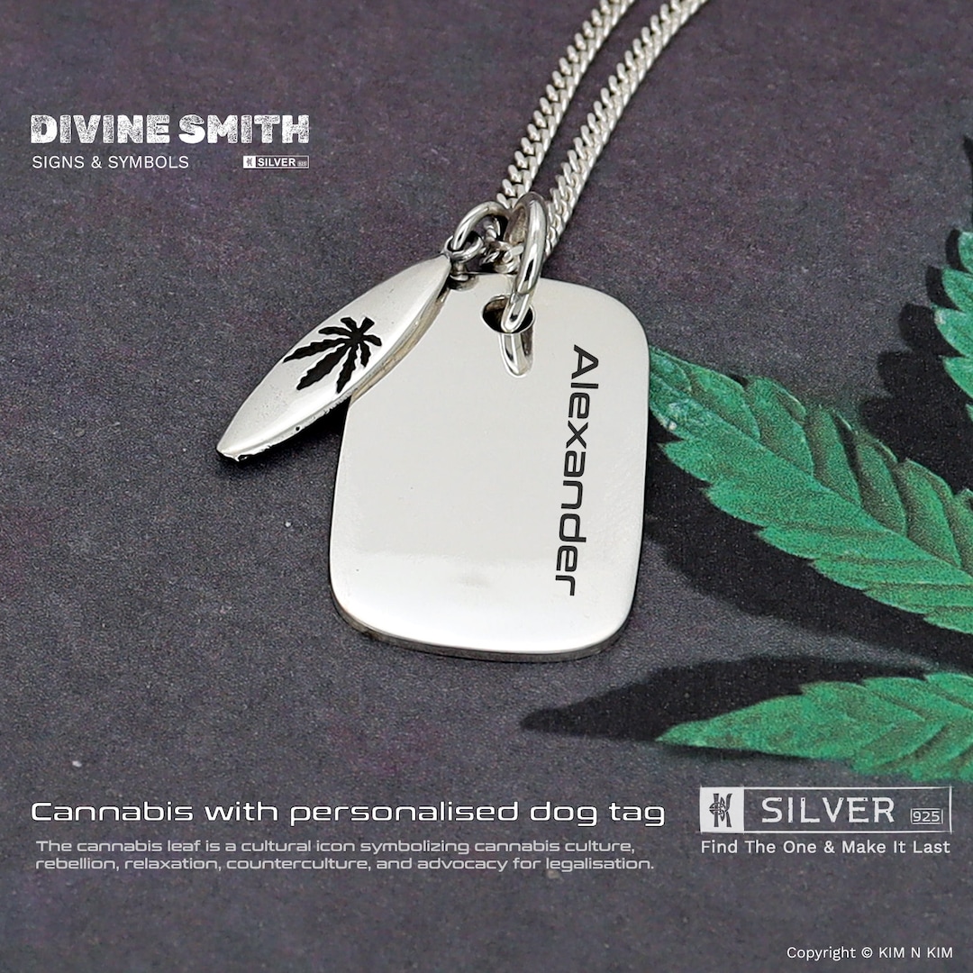 Personalised Cannabis Leaf Dog Tag Necklace, Cannabis Weed Pendant, Dog ...