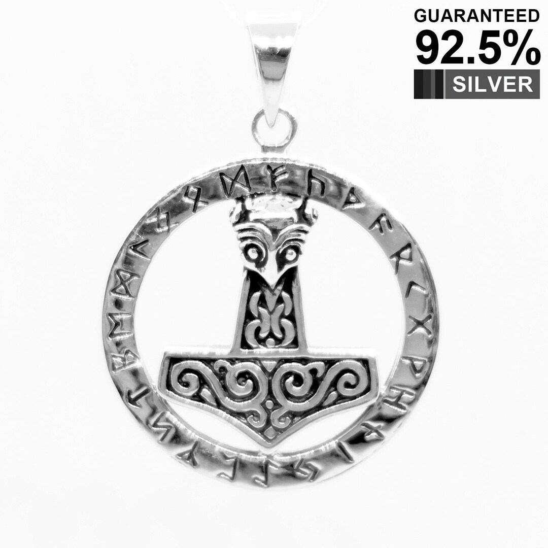 925 Sterling Silver Thor’s Hammer Mjolnir Norse Viking Runes Circle ...