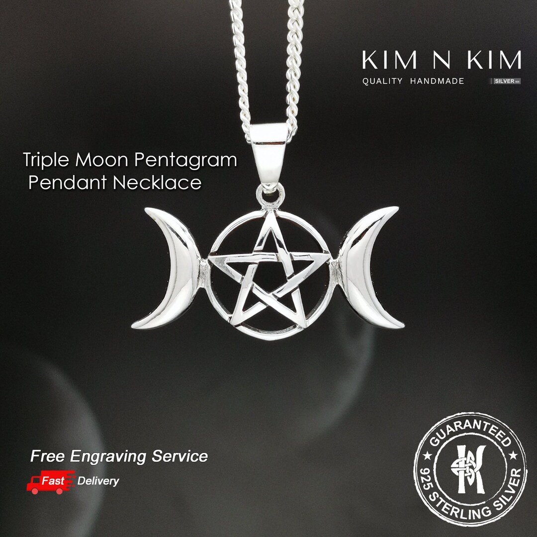 Sterling Silver Triple Moon Pentagram Pendant Necklace - Pagan Jewelry ...