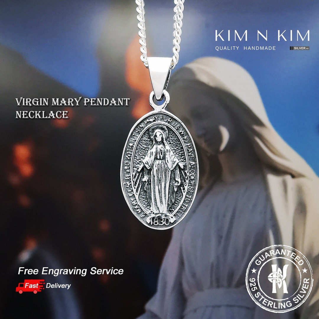 Oxidized Sterling Silver Virgin Mary Pendant Necklace: Miraculous Medal ...