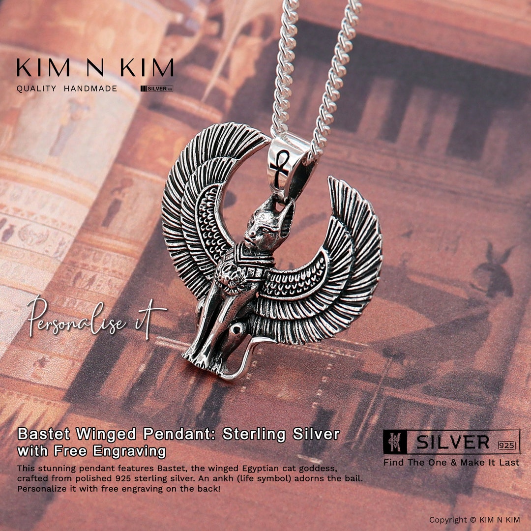 Silver Sphinx Pendant, Egyptian Cat Goddess Bastet Necklace, Winged ...