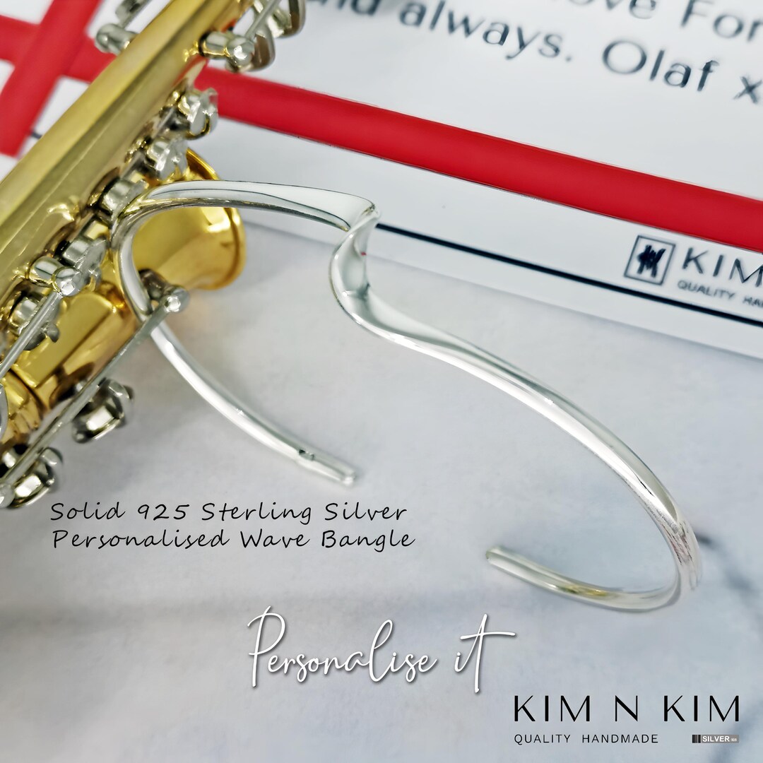 Personalized Sterling Silver Wave Bangle Bracelet: Adjustable Beach ...