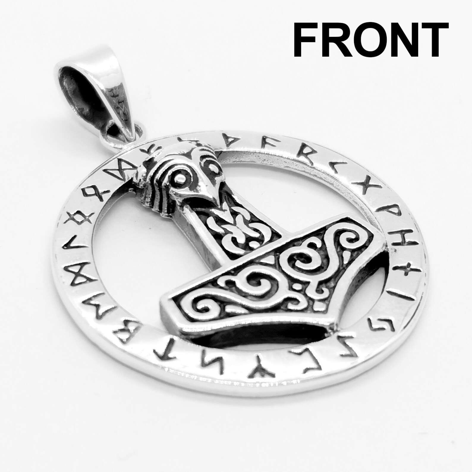 925 Sterling Silver Thor’s Hammer Mjolnir Norse Viking Runes Circle ...