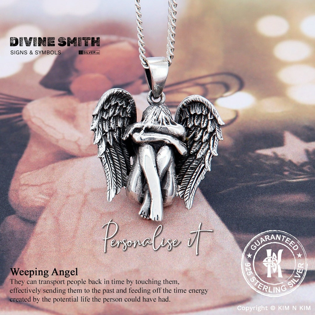 Silver Weeping Angel Pendant Necklace, Personalised Weeping Angel ...