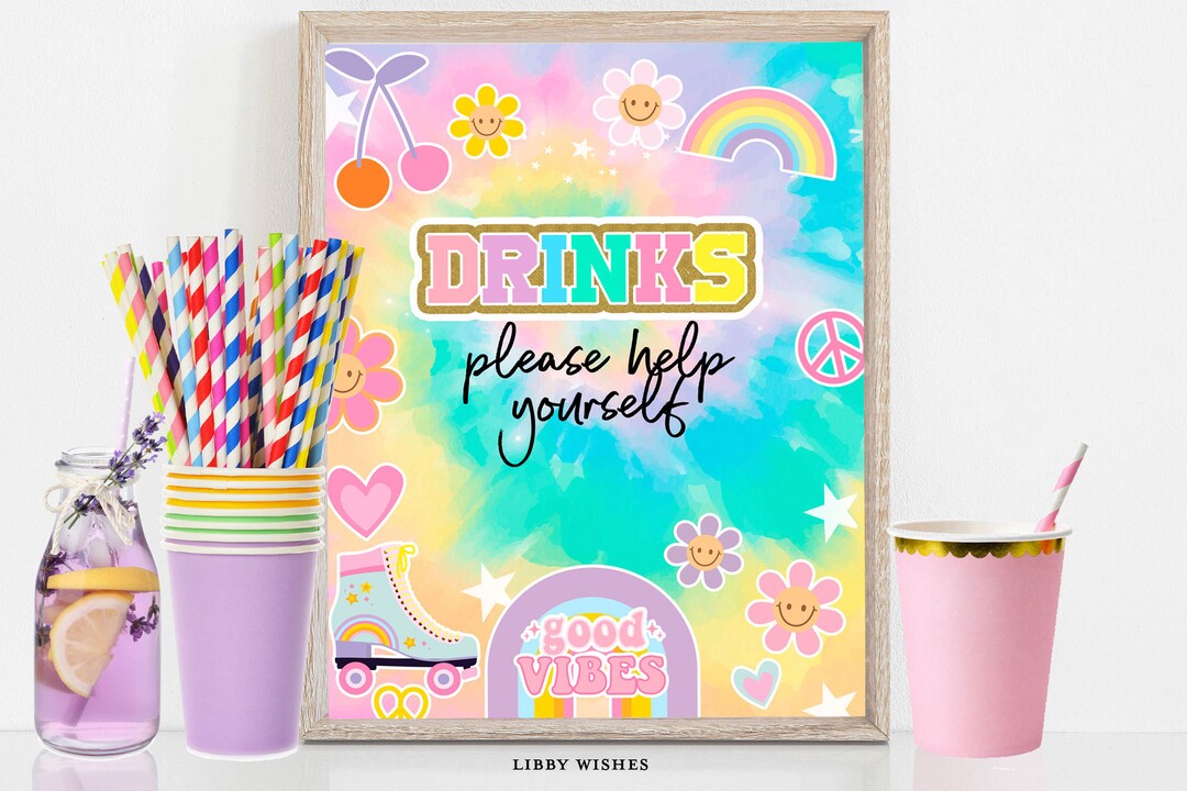 Drinks Table Sign Tie Dye Rainbow Birthday Party File Birthday Sign ...