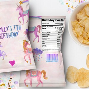 Editable Unicorn Chip Bag Label Magical Unicorn Birthday Party Decor ...