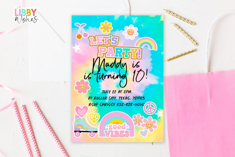 Editable Groovy Rainbow Patch Party Invitation Tween Birthday | Etsy