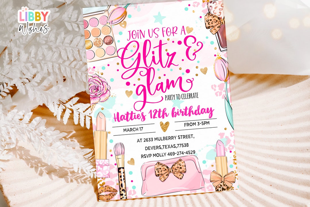 Editable Glitz and Glam Pamper Birthday Party Invitation Spa Party ...