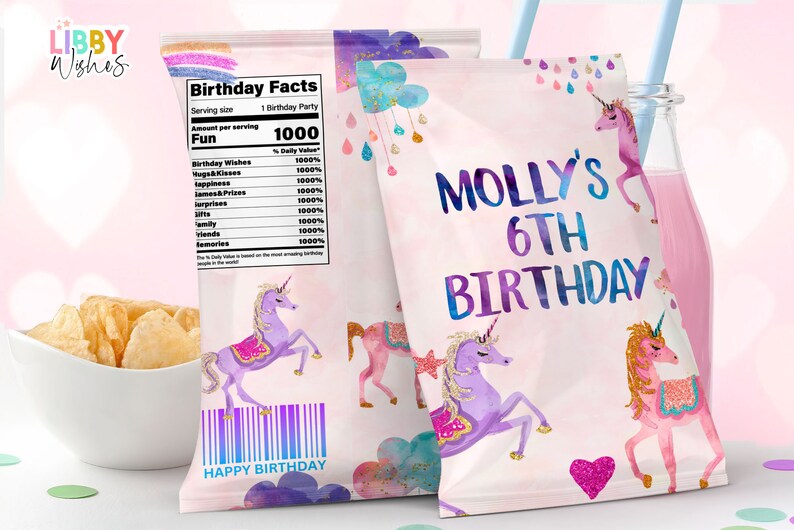 Editable Unicorn Chip Bag Label Magical Unicorn Birthday Party Decor ...