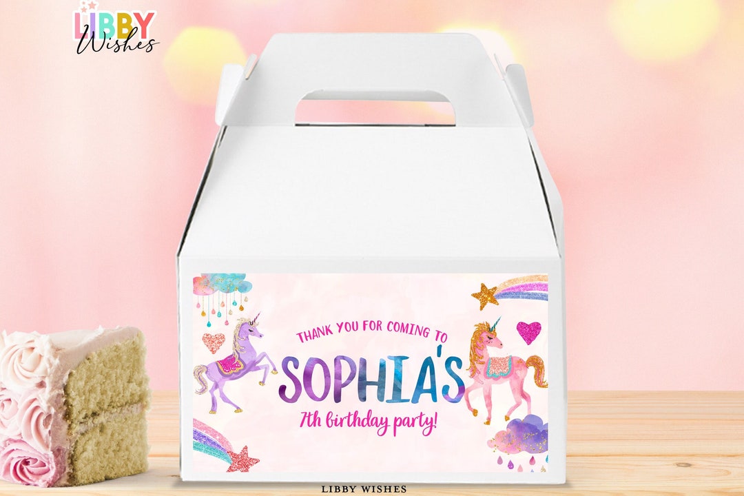 Editable Unicorn Birthday Party Gable Box Favor Label Unicorn Gift Box ...