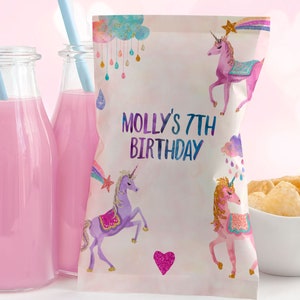 Editable Unicorn Chip Bag Label Magical Unicorn Birthday Party Decor ...