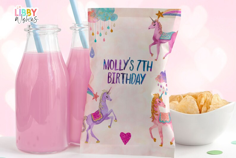 Editable Unicorn Chip Bag Label Magical Unicorn Birthday Party Decor ...
