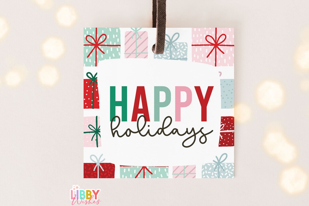 Happy Holidays SQUARE TAG, Christmas Printable Cookie Tag, Christmas ...