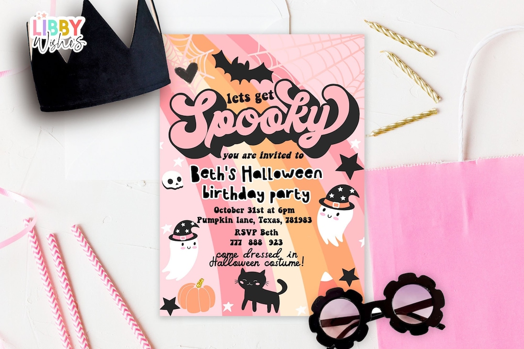 Editable Halloween Pink Ghost Birthday Invitation, Retro Halloween ...