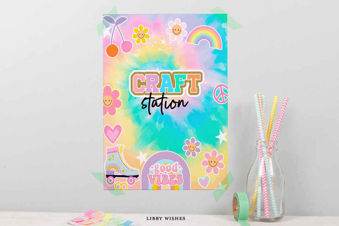 Craft Station Table Sign Tie Dye Rainbow Birthday Party File Birthday ...