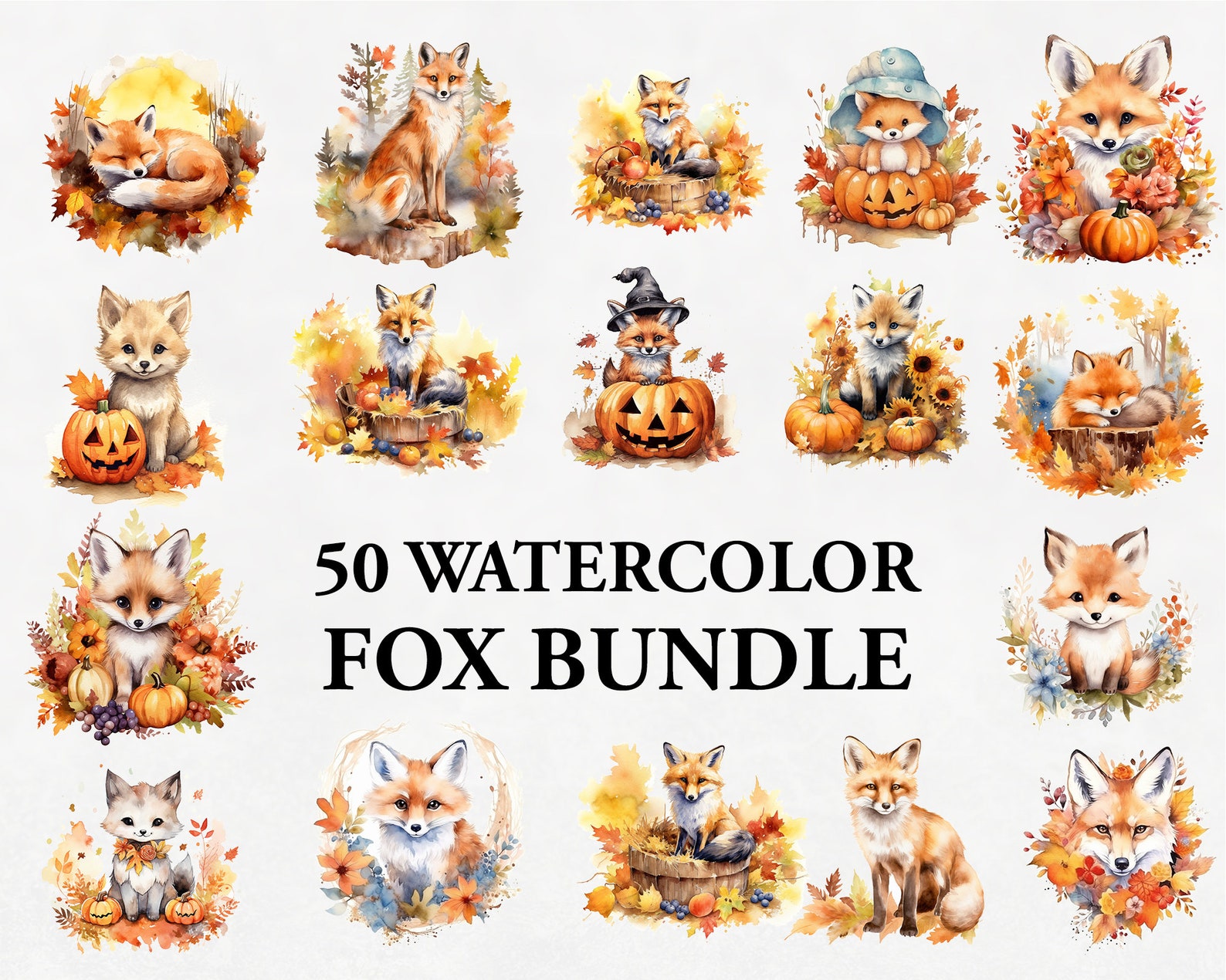 50 Watercolor Cute Fox Clipart, Woodland Animal Clipart Bundle ...