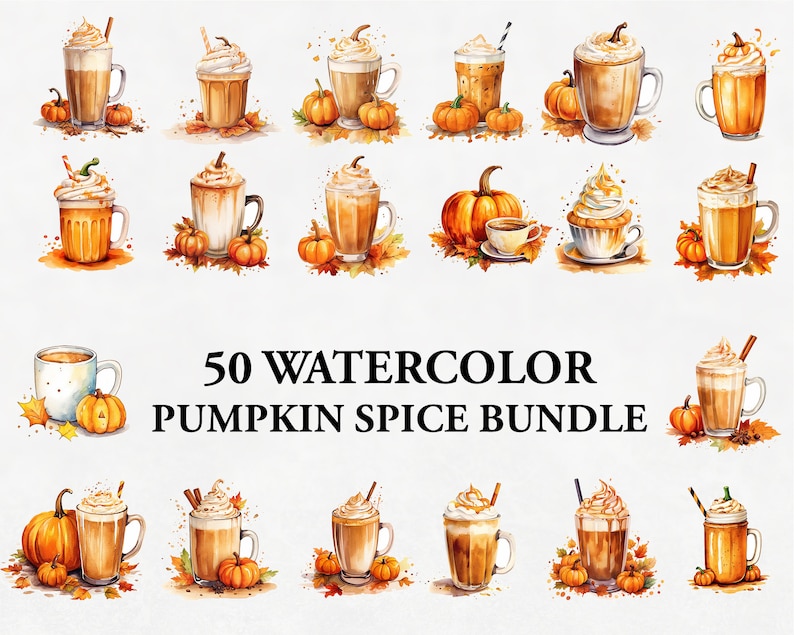 50 Pumpkin Spice Watercolor Clipart Bundle - 50 PNG Cozy Fall Images ...