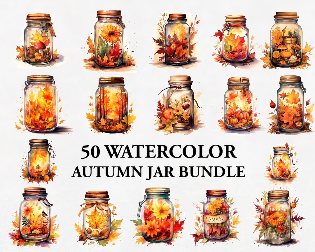 50 Autumn PNG Watercolour Jar Bundle, PNG Fall Jar Clipart Bundle ...