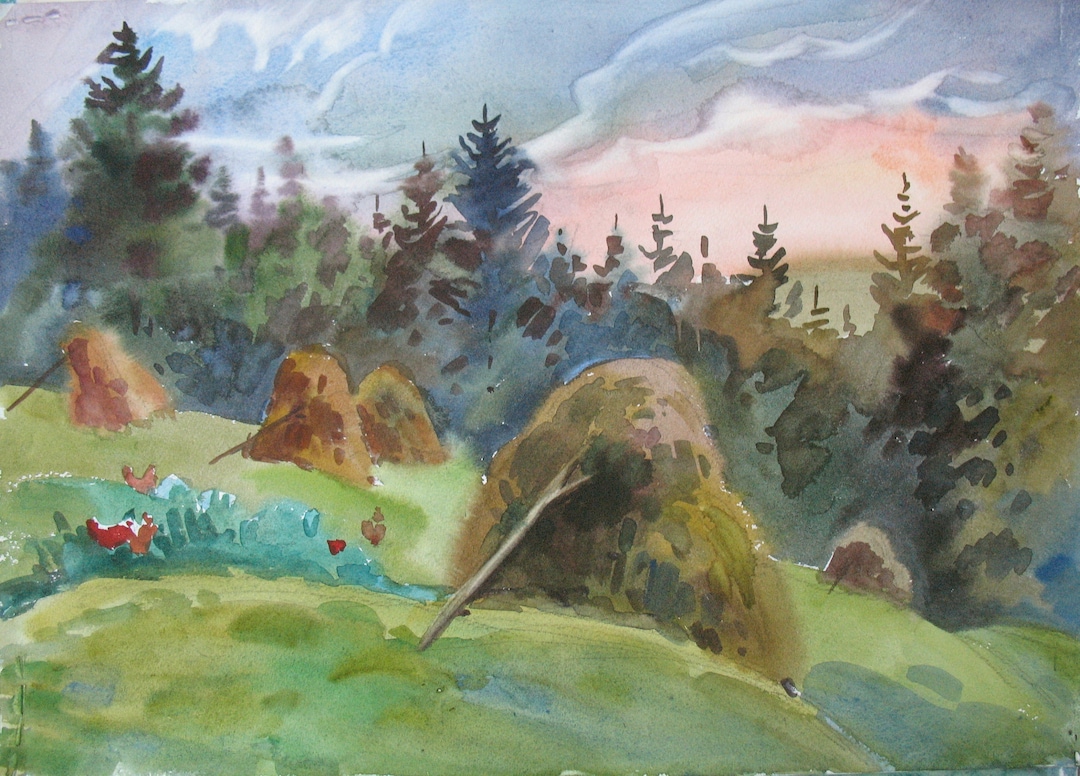 Rural Landscape, Haystacks Painting, Summer Evening, Original ...
