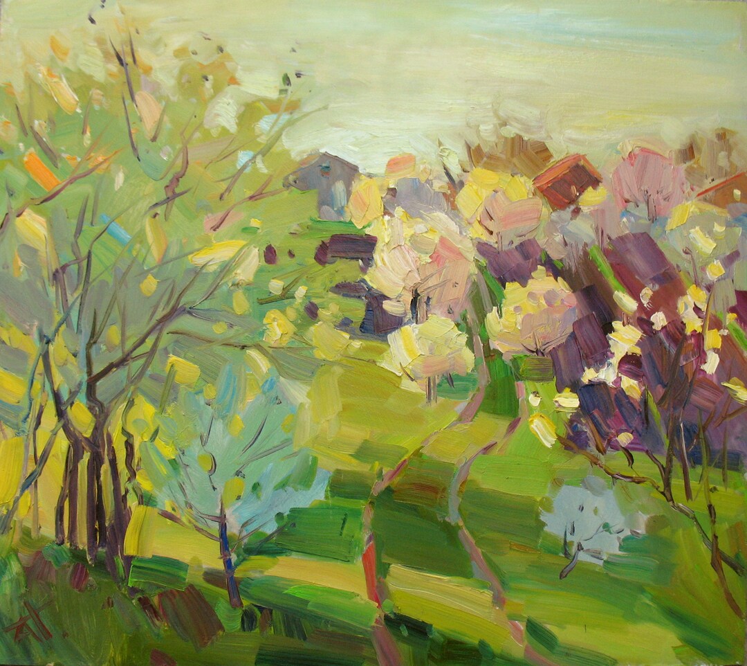 Spring Blooming Trees, Ukrainian Landscape Oil Painting on Panel ...