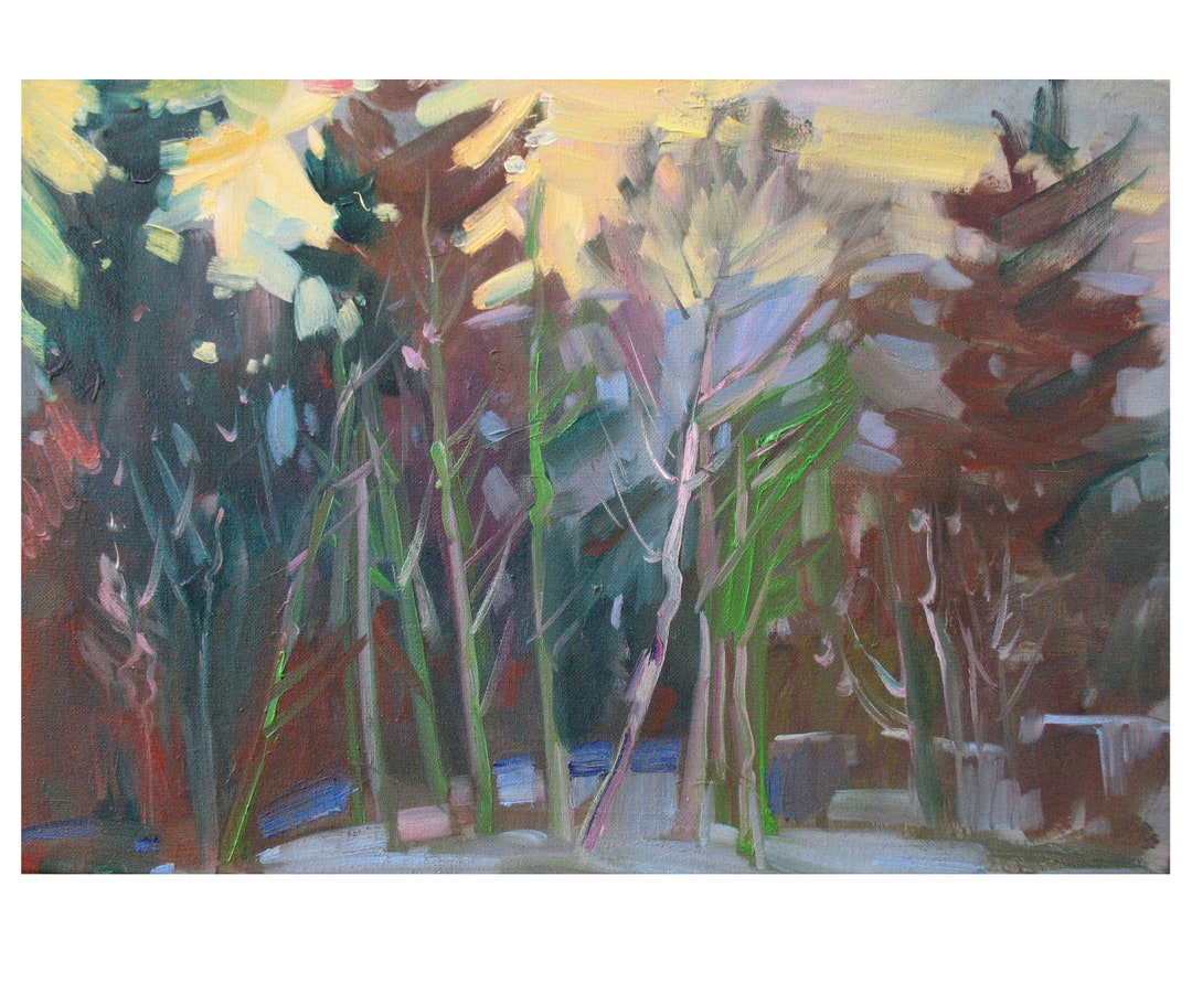 Late Evening in Winter Forest, Expressionist Art, Trees Painting ...