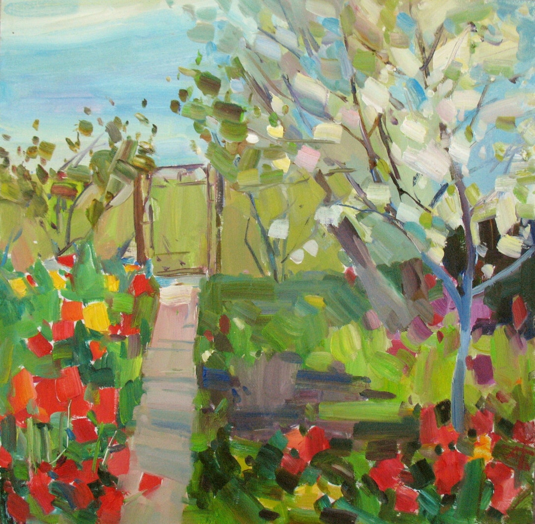 Spring Garden Original Oil Painting on Panel, Blooming Trees Painting ...