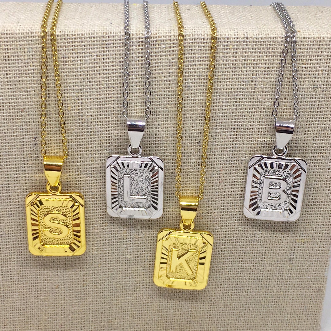 Square Initial Necklace - Gold or Silver Stainless Steel Letter Pendant ...