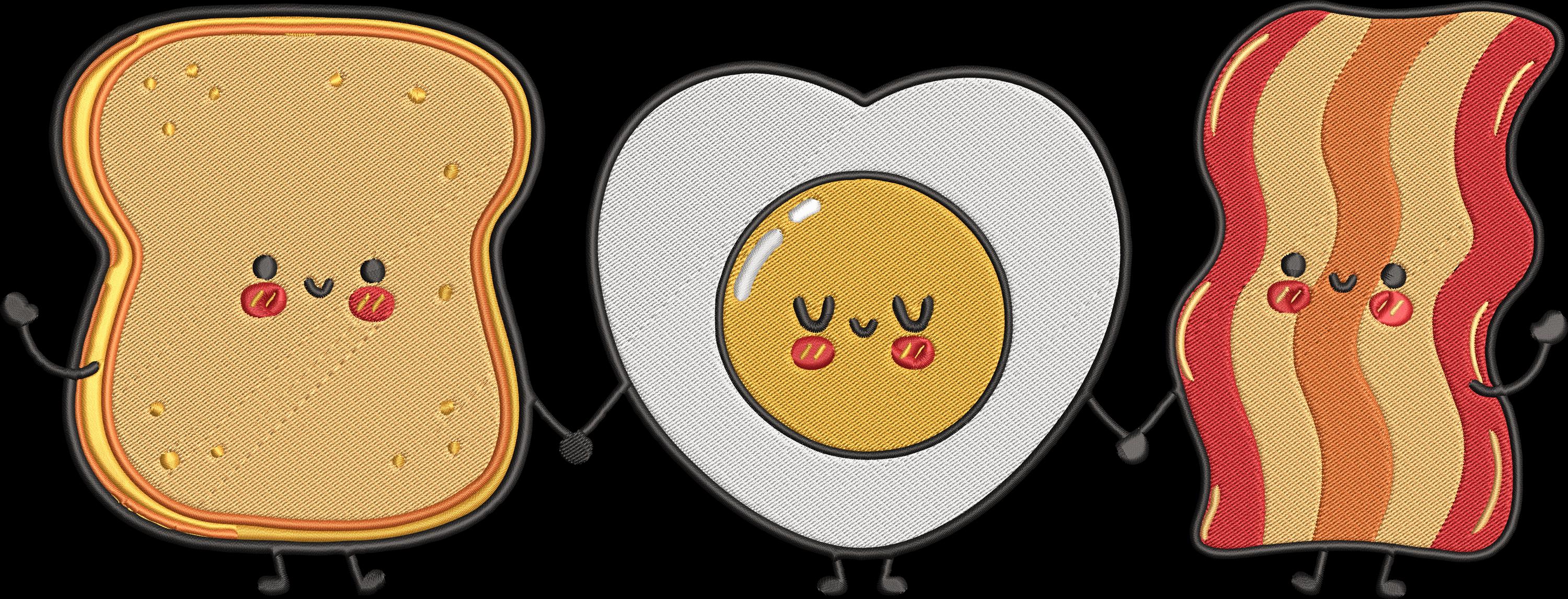 Cute Breakfast Friends Embroidery Design – Toast, Egg & Bacon – Kawaii ...