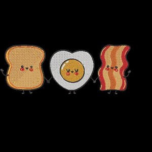 Cute Breakfast Friends Embroidery Design – Toast, Egg & Bacon – Kawaii ...