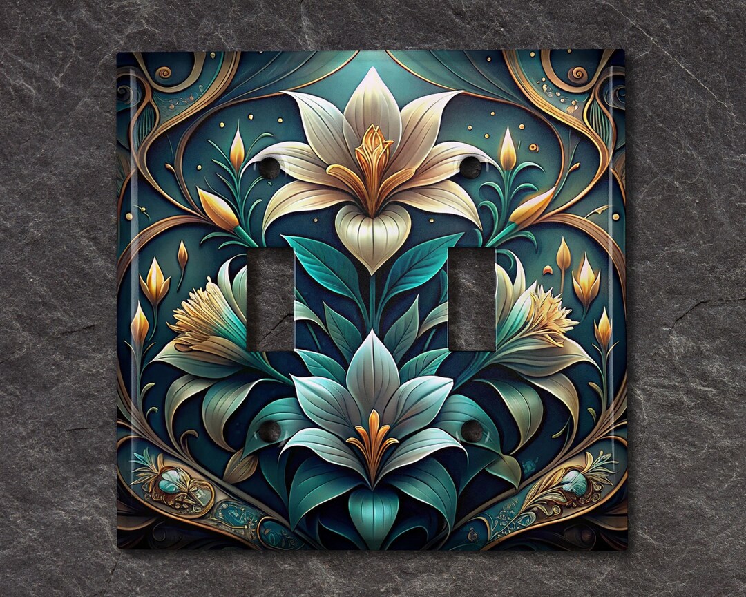 Metal Light Switch Cover | Outlet Plate, Elegant White Blue Flowers Art ...