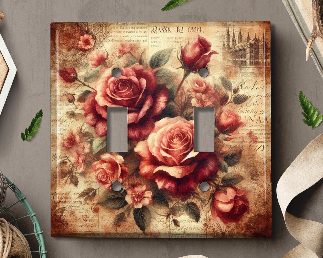 Metal Light Switch Cover | Outlet Plate, Vintage Red Rose Flower Decor ...