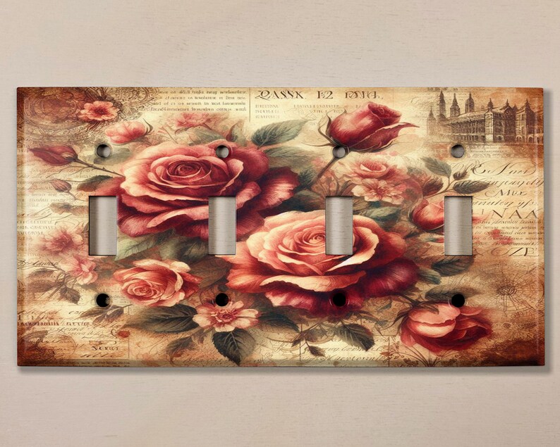 Metal Light Switch Cover | Outlet Plate, Vintage Red Rose Flower Decor ...