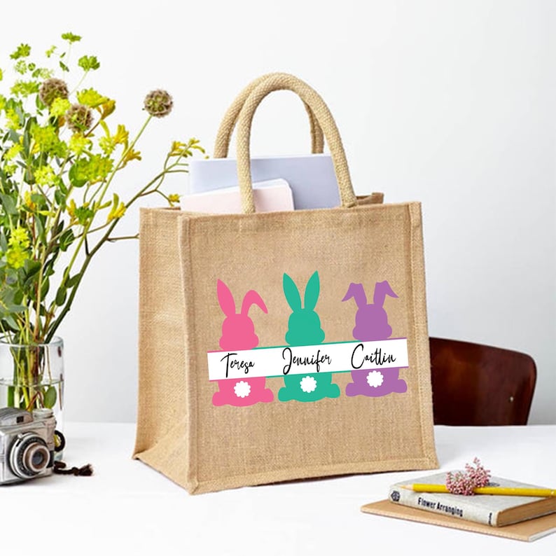 Personalized Jute Tote Bag With Bunny Design, Custom Easter Basket Bag ...