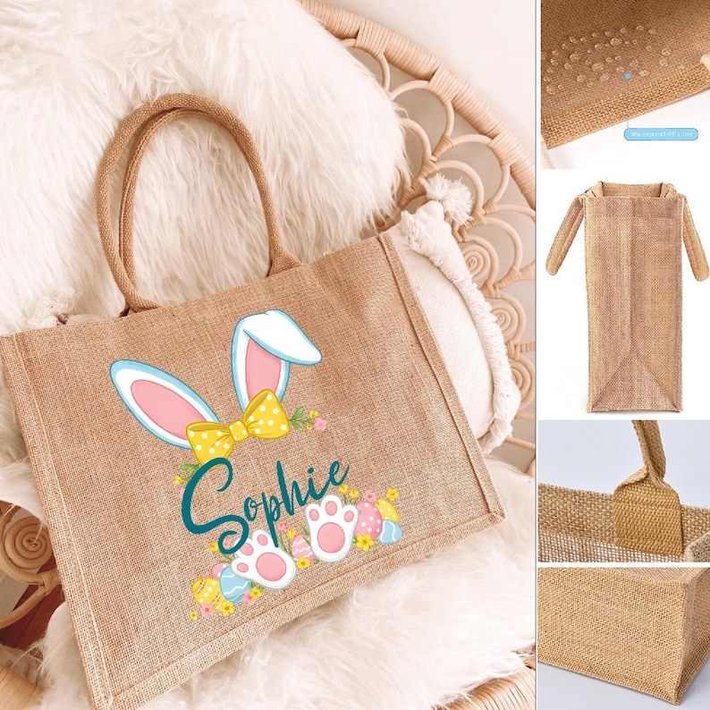 Personalized Jute Tote Bag With Bunny Design, Custom Easter Basket Bag ...