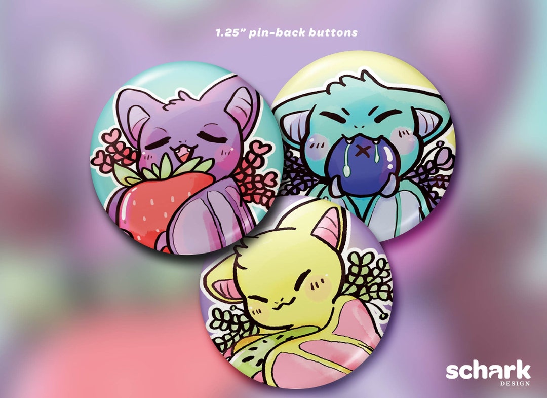 Fruit Bats Buttons - Notebook Kawaii Strawberry Kiwi Blueberry Bloobs Pink Blue Yellow Aesthetic ...