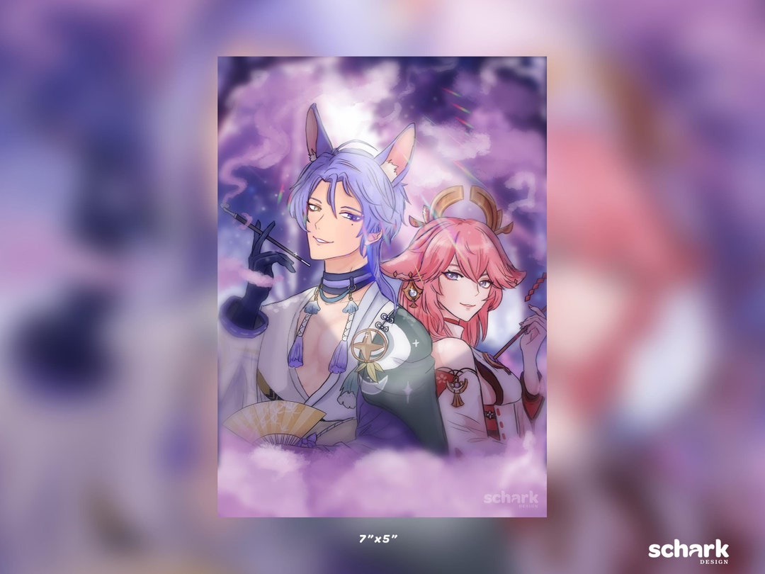 Two Kitsune Art Print – [cute Yae Miko Kuya New Outfit Drawing Art ...