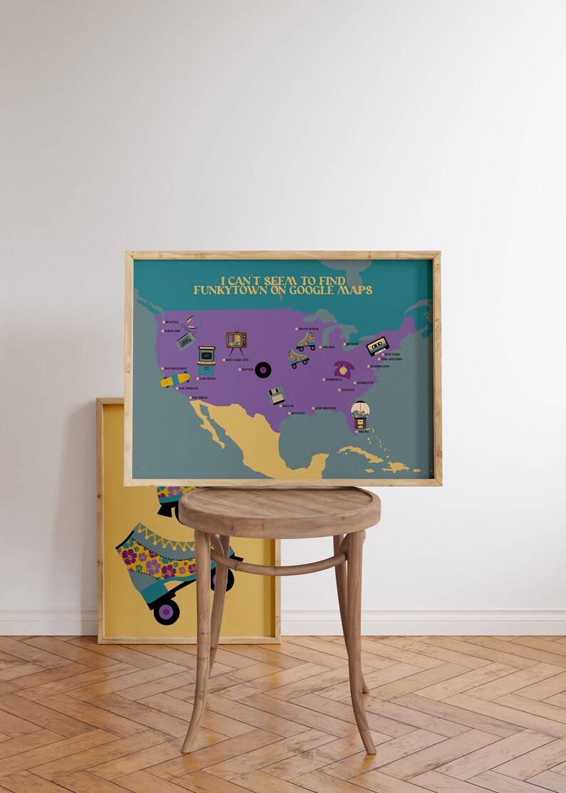 80s Poster, United States Map, Funky Wall Art, Retro Inspired Print ...