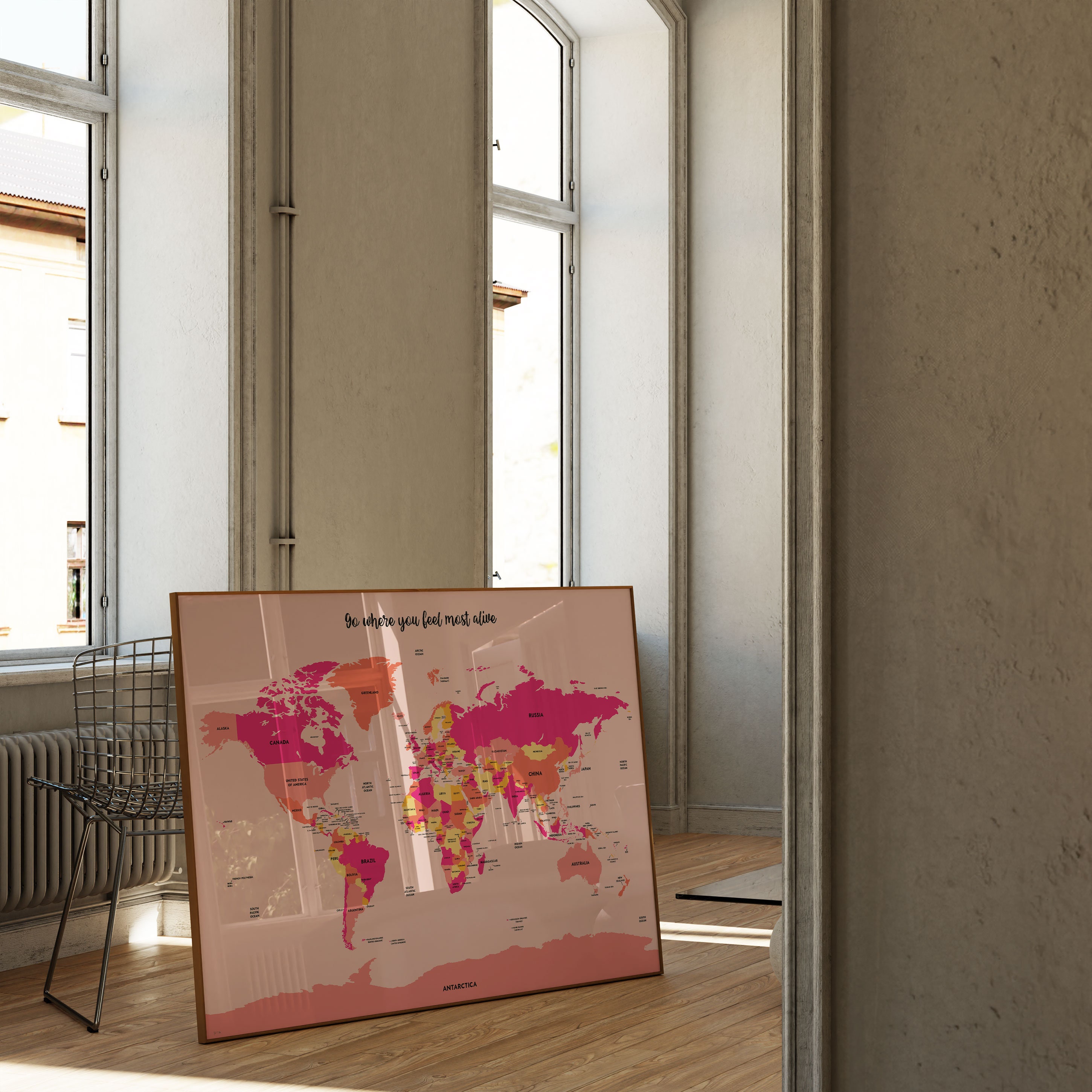 Pink World Map Poster, World Map Wall Art, World Map Print, Modern ...