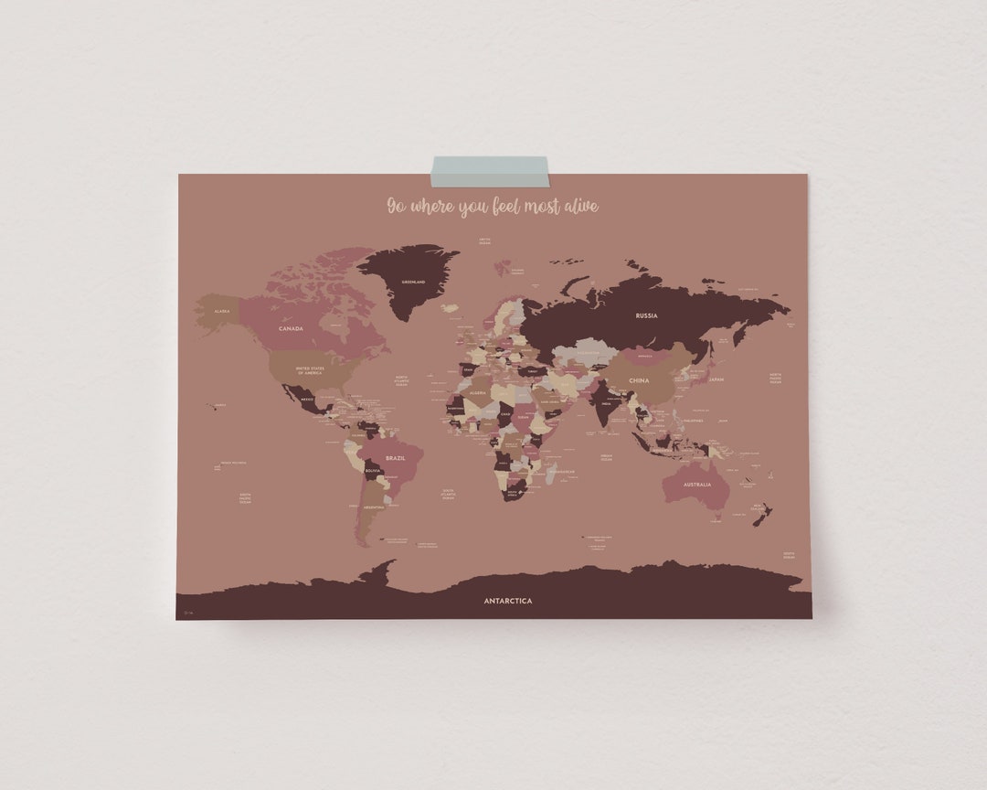 World Map Wall Art, Modern World Map Poster, Detailed World Map Print ...