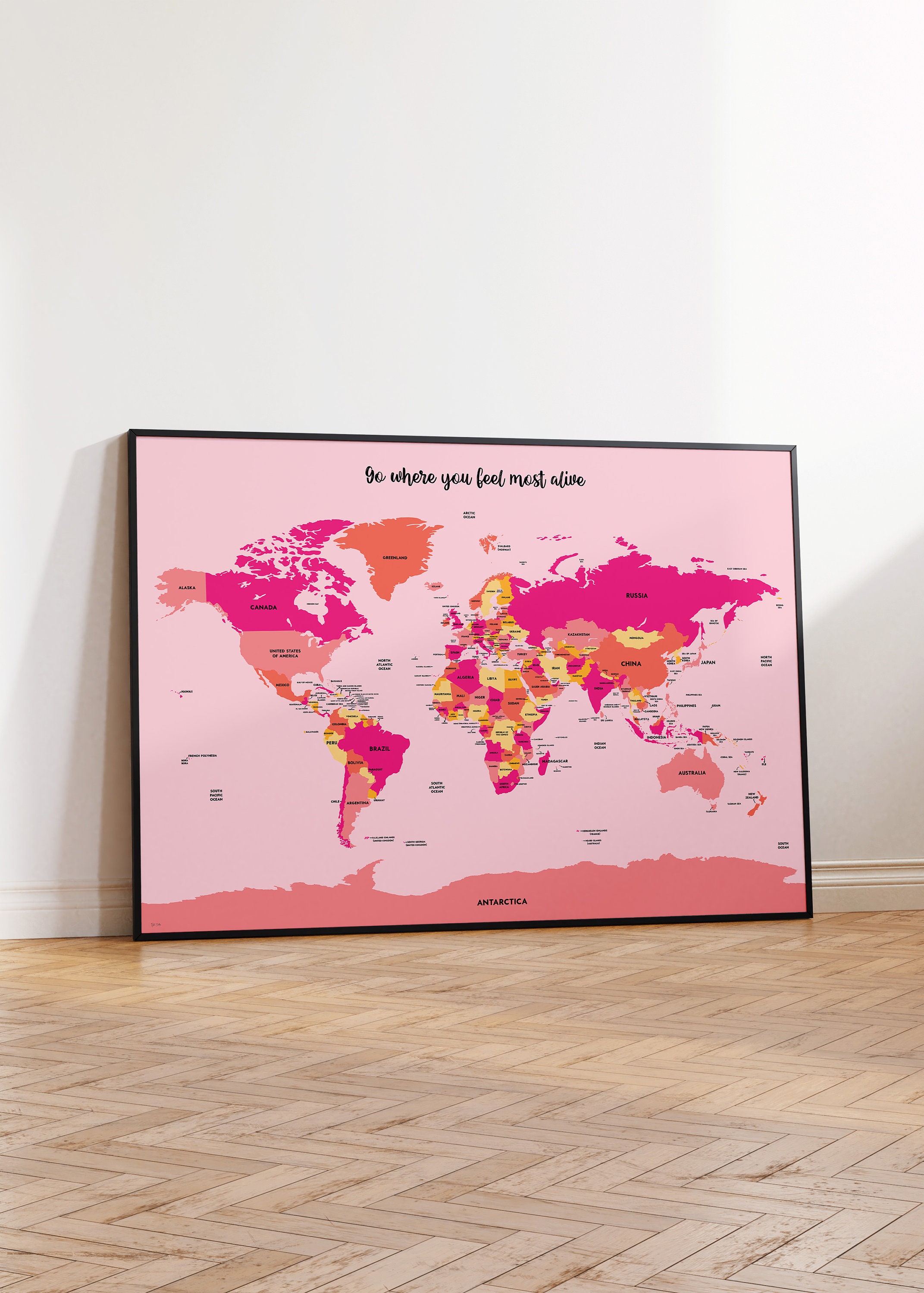 Pink World Map Poster, World Map Wall Art, World Map Print, Modern ...