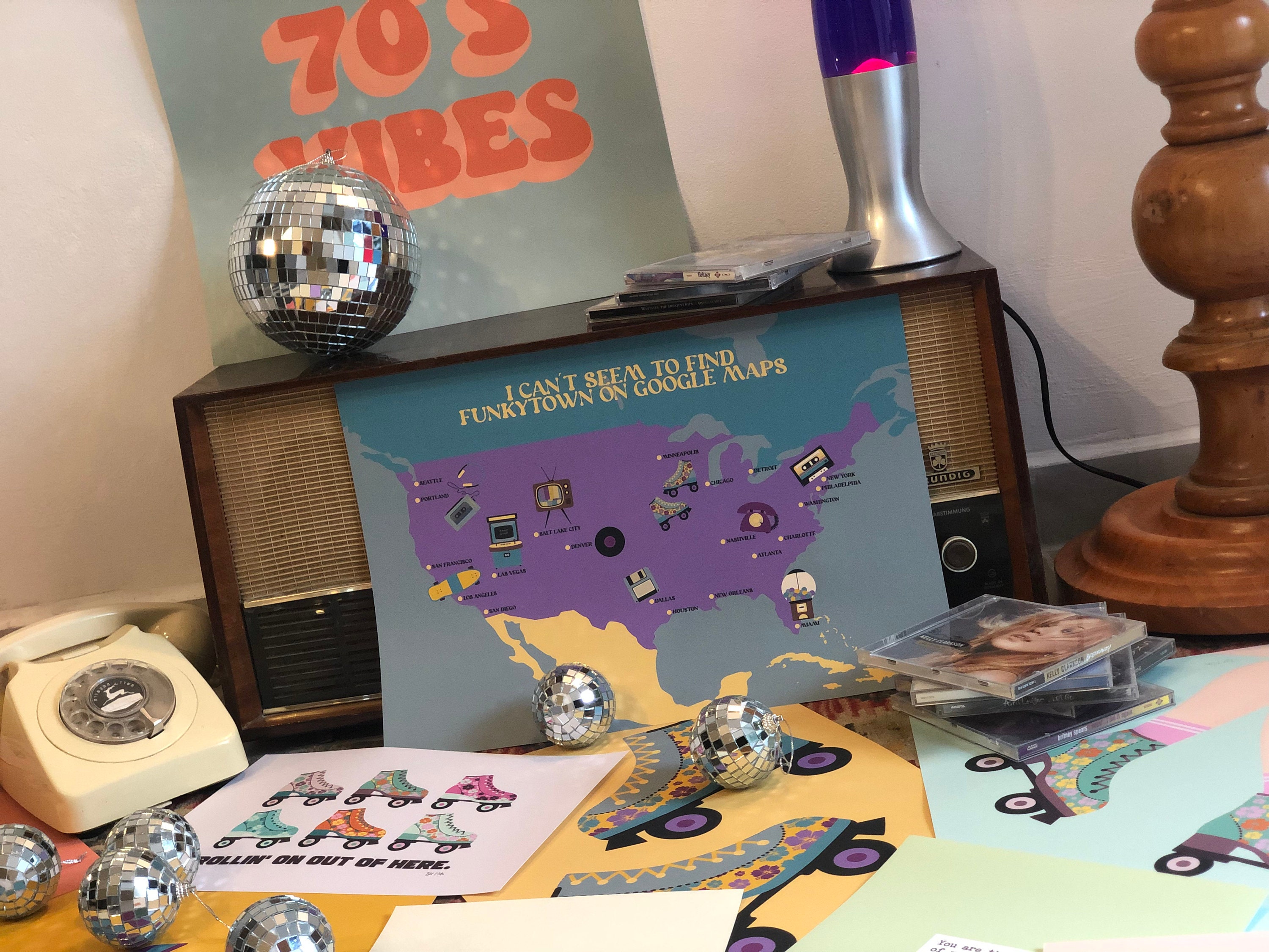 80s Poster, United States Map, Funky Wall Art, Retro Inspired Print ...