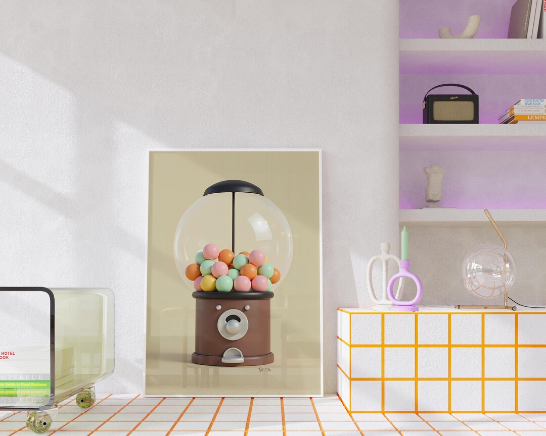 3D Gumball Machine Wall Art, Retro Bubblegum Print, Pastel Candy Decor ...