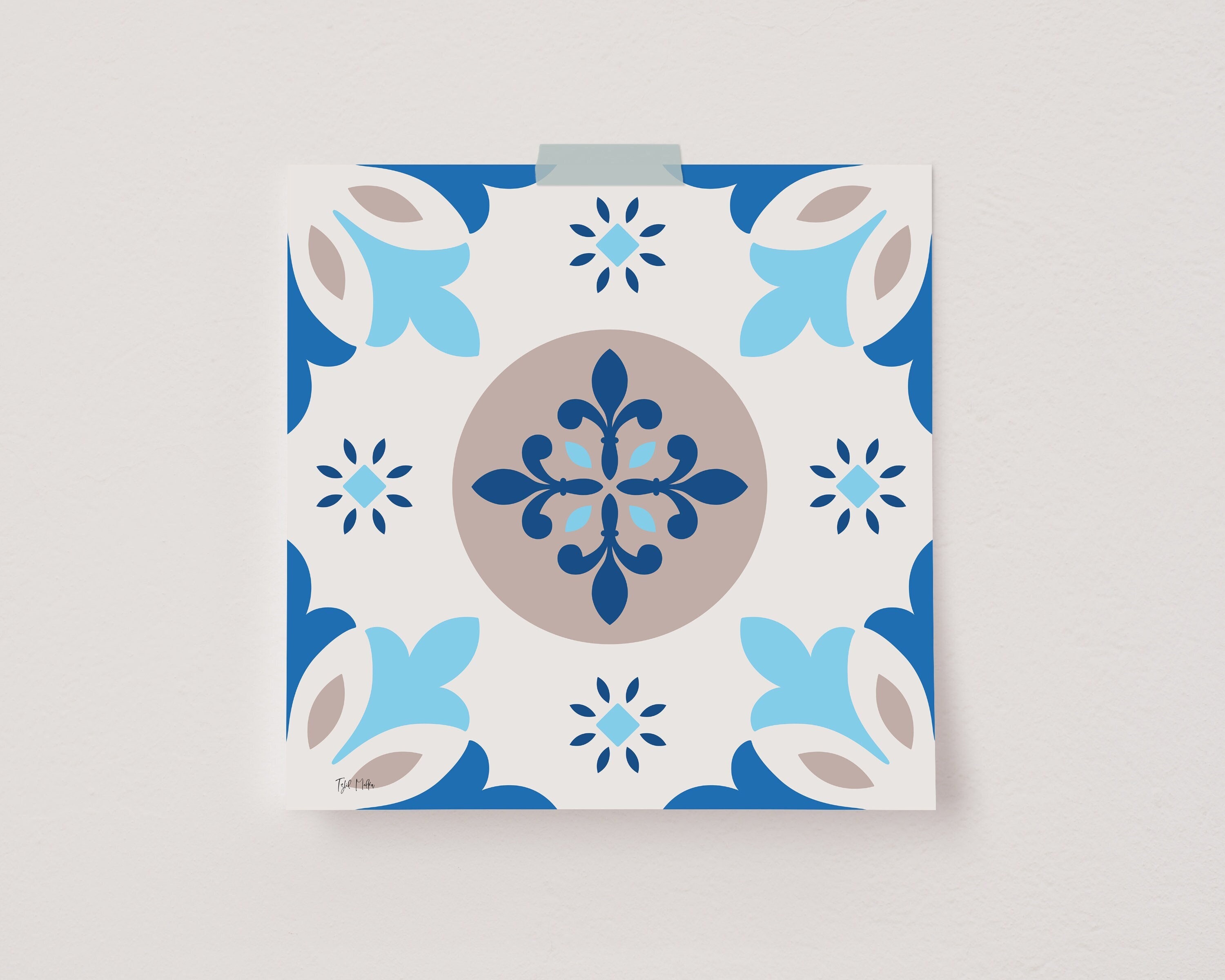 Talavera Tile Wall Art, Unframed Greek Tile Art Print, White and Blue ...