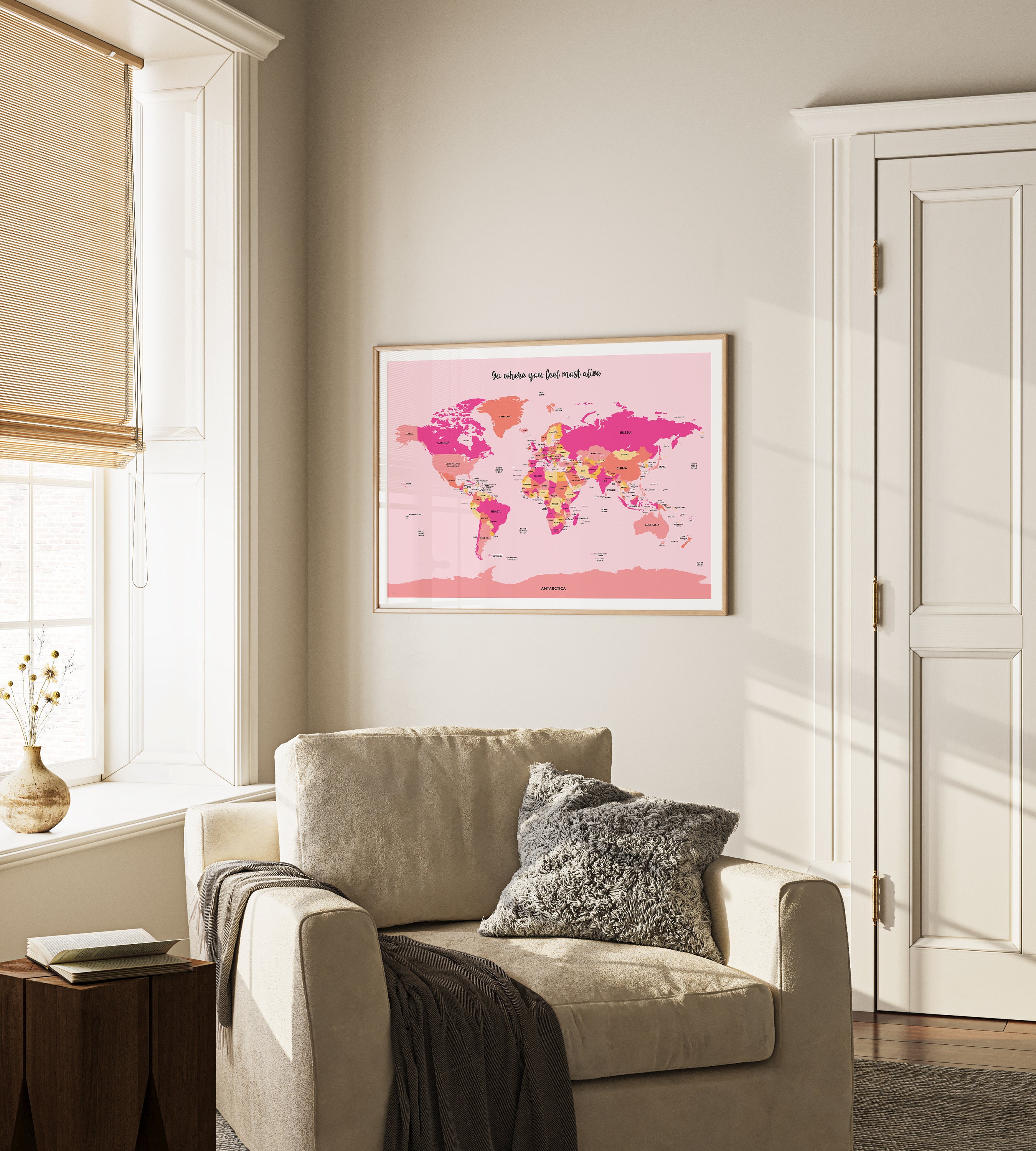 Pink World Map Poster, World Map Wall Art, World Map Print, Modern ...