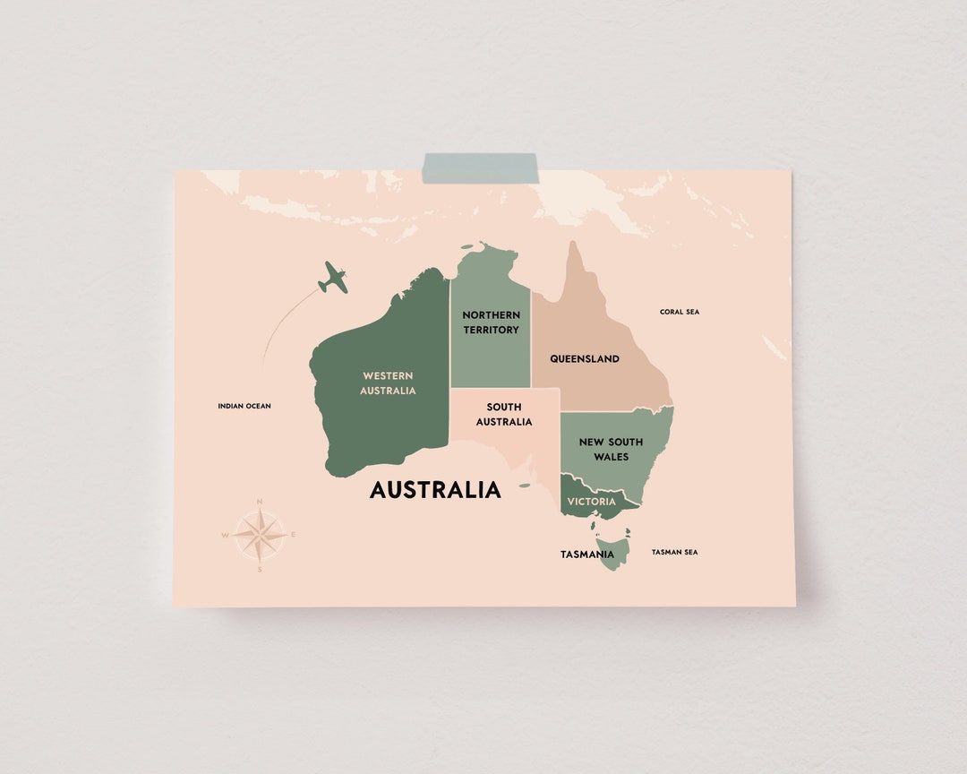 Australia Map Poster, Country Map Print, South Pacific Map, Modern Map ...