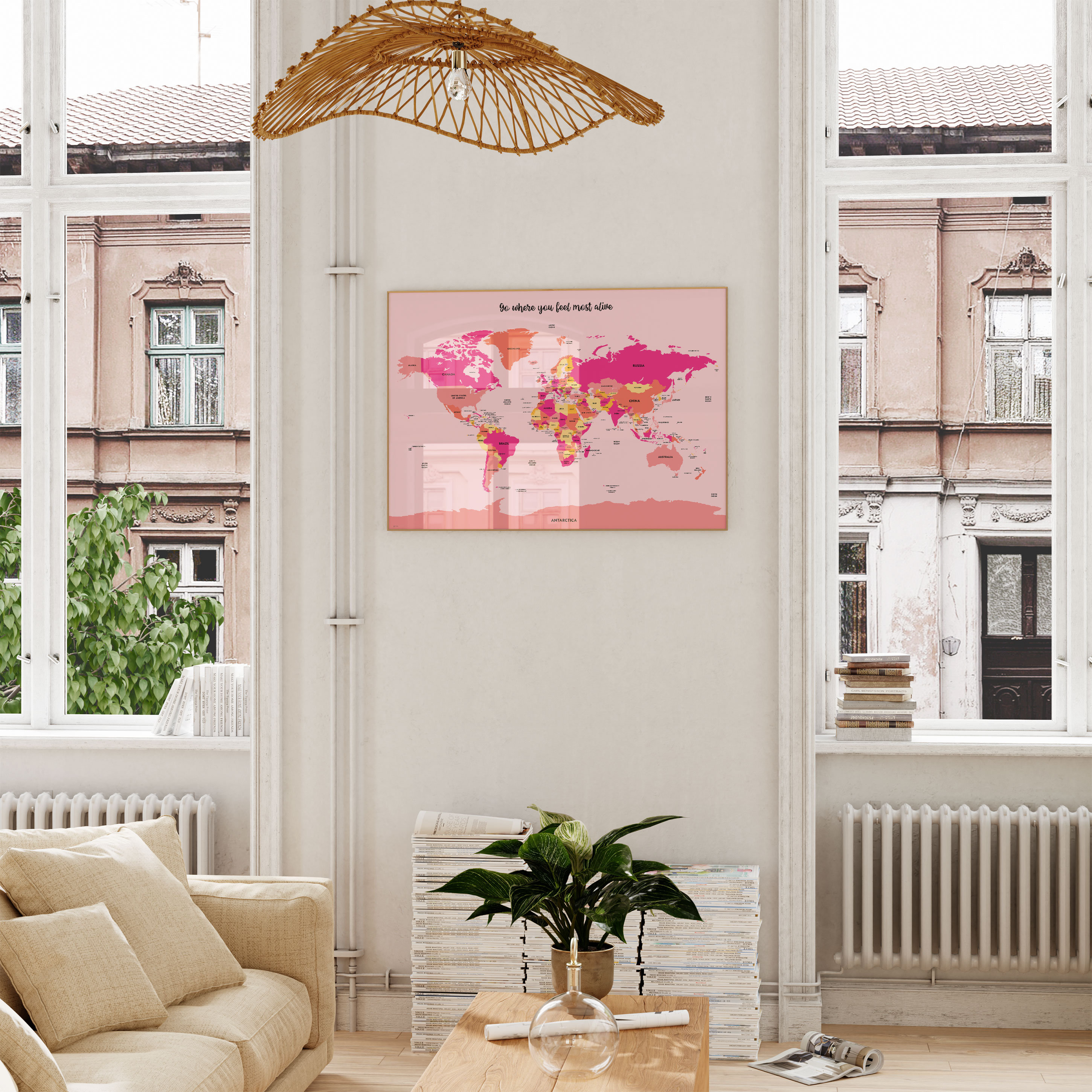 Pink World Map Poster, World Map Wall Art, World Map Print, Modern ...