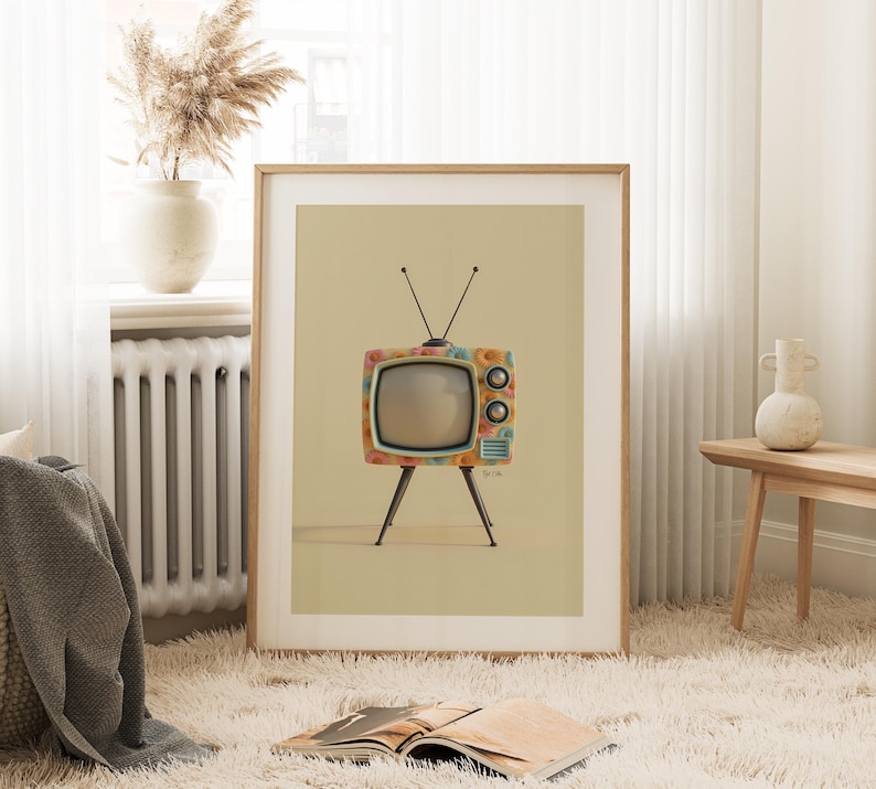 Retro TV Poster, Groovy 70s Wall Art, Colorful Floral Print, Vintage ...