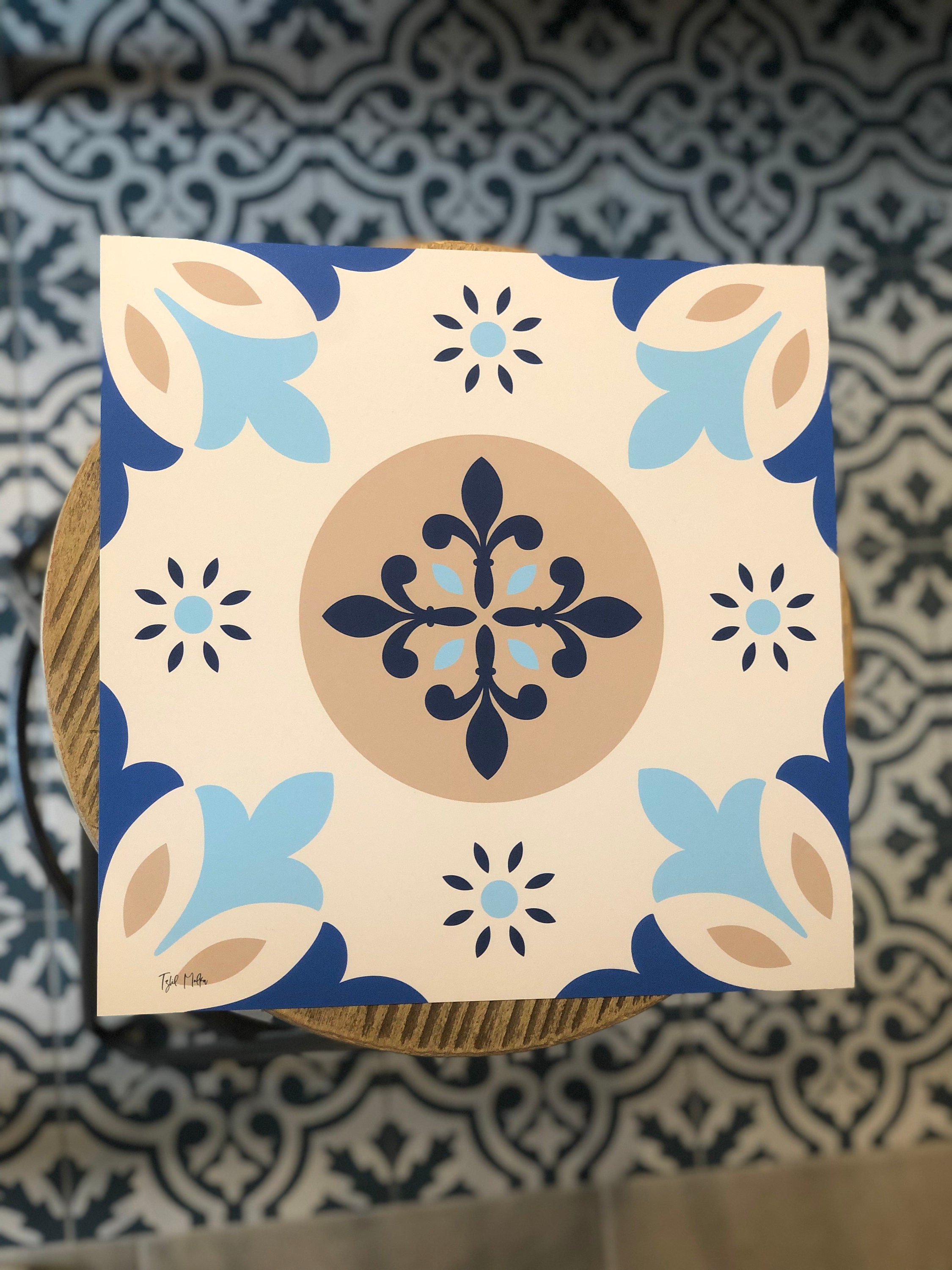 Talavera Tile Wall Art, Unframed Greek Tile Art Print, White and Blue ...