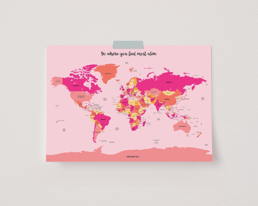 Pink World Map Poster, World Map Wall Art, World Map Print, Modern ...